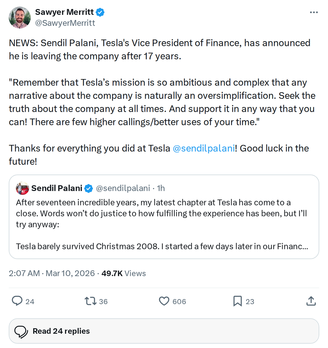 Tesla VP of Finance Sendil Palani Departs After 17 Years