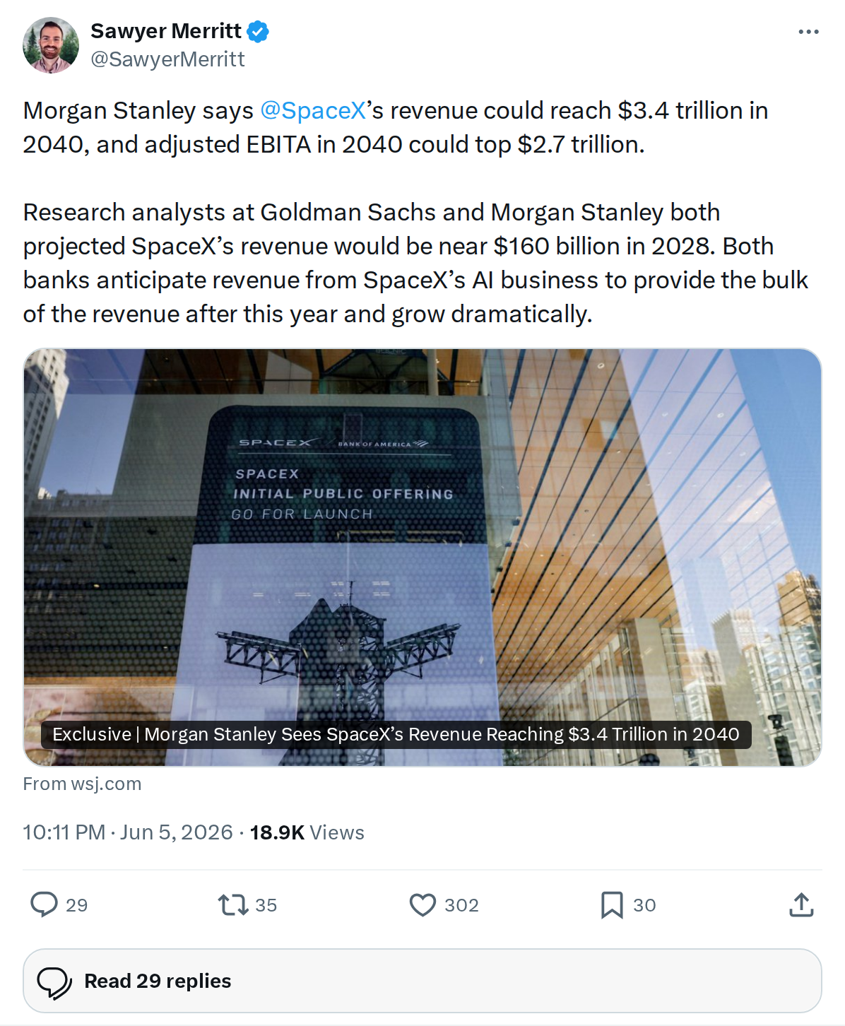 Morgan Stanley Projects SpaceX at $3.4T Revenue by 2040