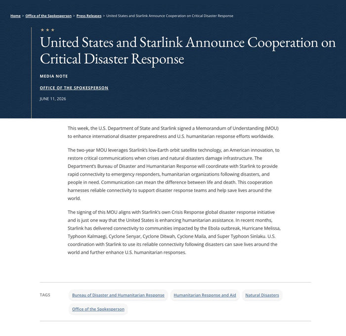 State Department Signs Starlink Deal for Global Disaster Response