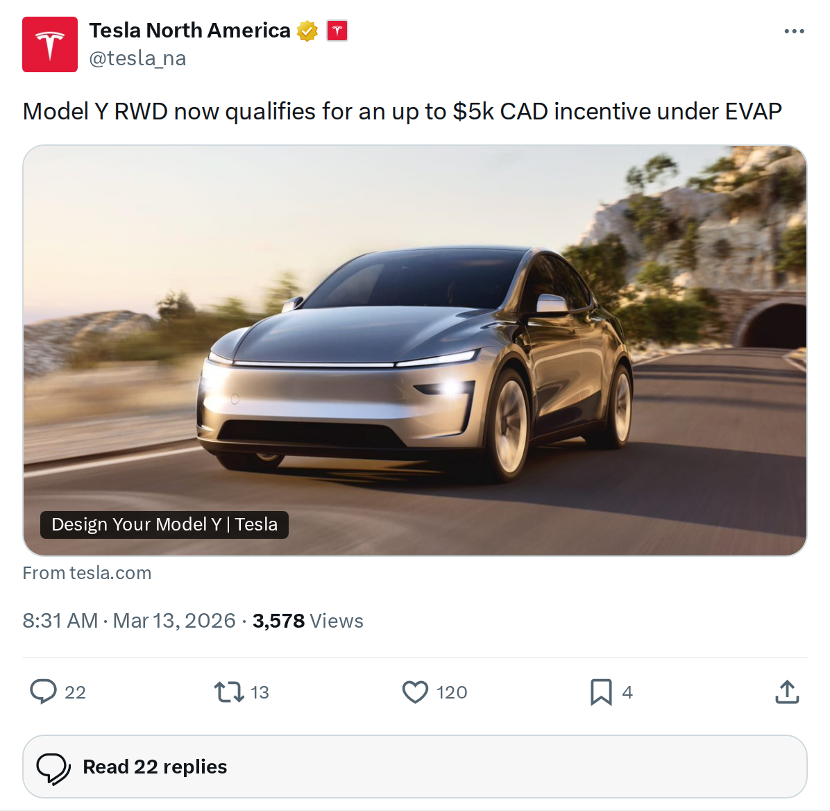 Tesla Model Y RWD Now Qualifies for $5,000 CAD EVAP Incentive